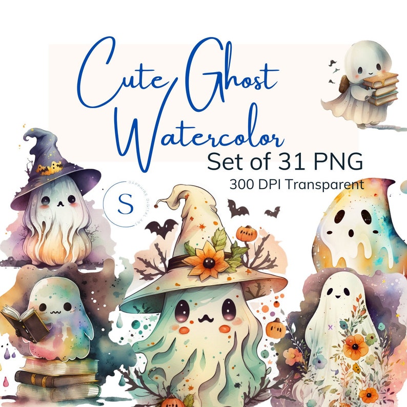 Cute Ghost Watercolor PNG Halloween PNG Ghost Clip Art Spooky Season ...