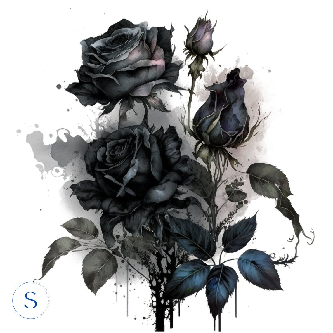 Black Watercolor Roses PNG Commercial Use Gothic Roses Digital Clipart ...