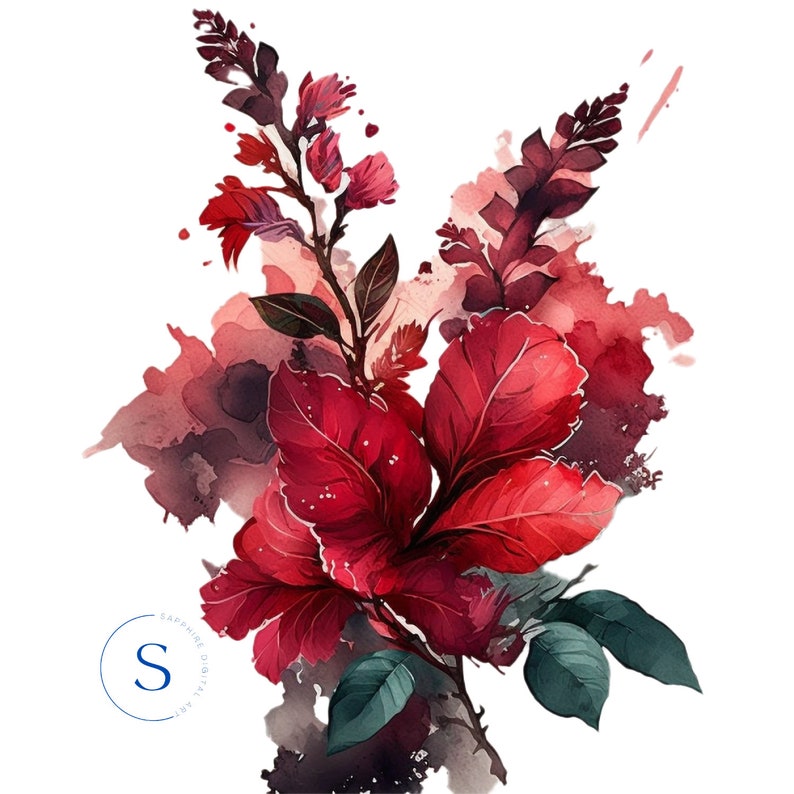 Ruby Watercolor Flowers July Birthstone Digital Clipart Transparent ...