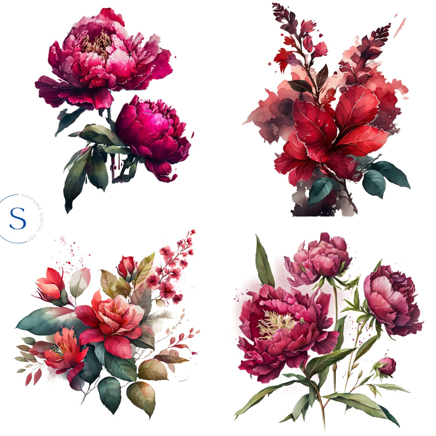 Ruby Watercolor Flowers July Birthstone Digital Clipart Transparent ...