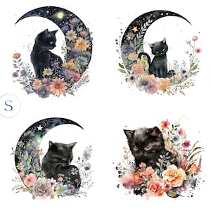 Mystical Floral Black Cat Moon Clipart Celestial Clipart Black Cat ...