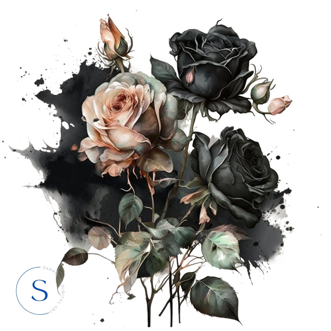 Black Watercolor Roses PNG Commercial Use Gothic Roses Digital Clipart ...