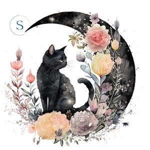 Mystical Floral Black Cat Moon Clipart Celestial Clipart Black Cat ...