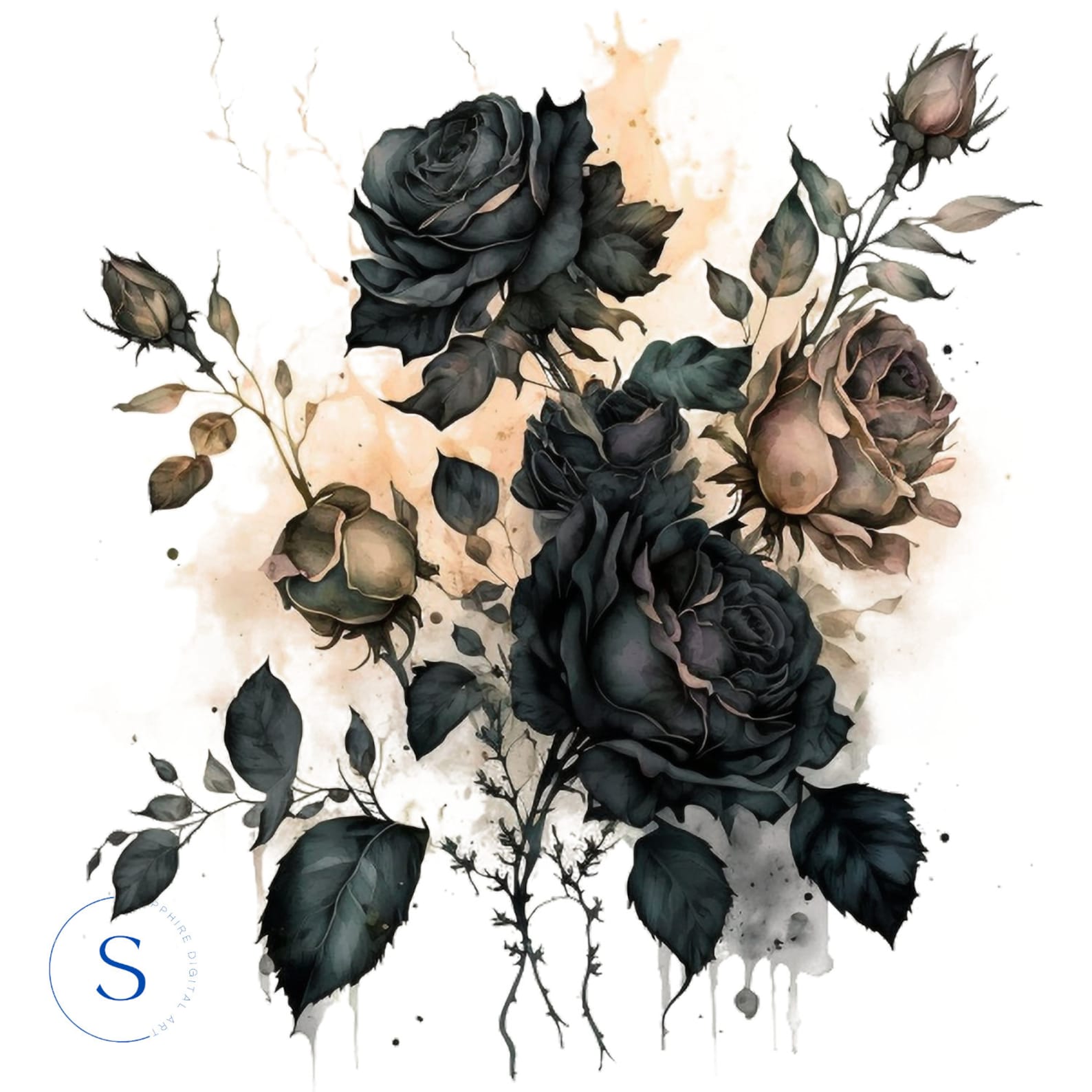 Black Watercolor Roses PNG Commercial Use Gothic Roses Digital Clipart ...