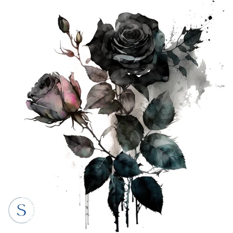Black Watercolor Roses PNG Commercial Use Gothic Roses Digital Clipart ...
