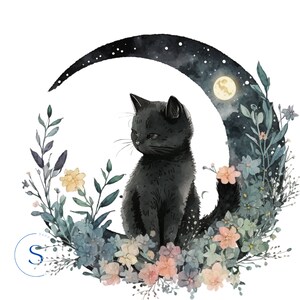 Mystical Floral Black Cat Moon Clipart Celestial Clipart Black Cat ...
