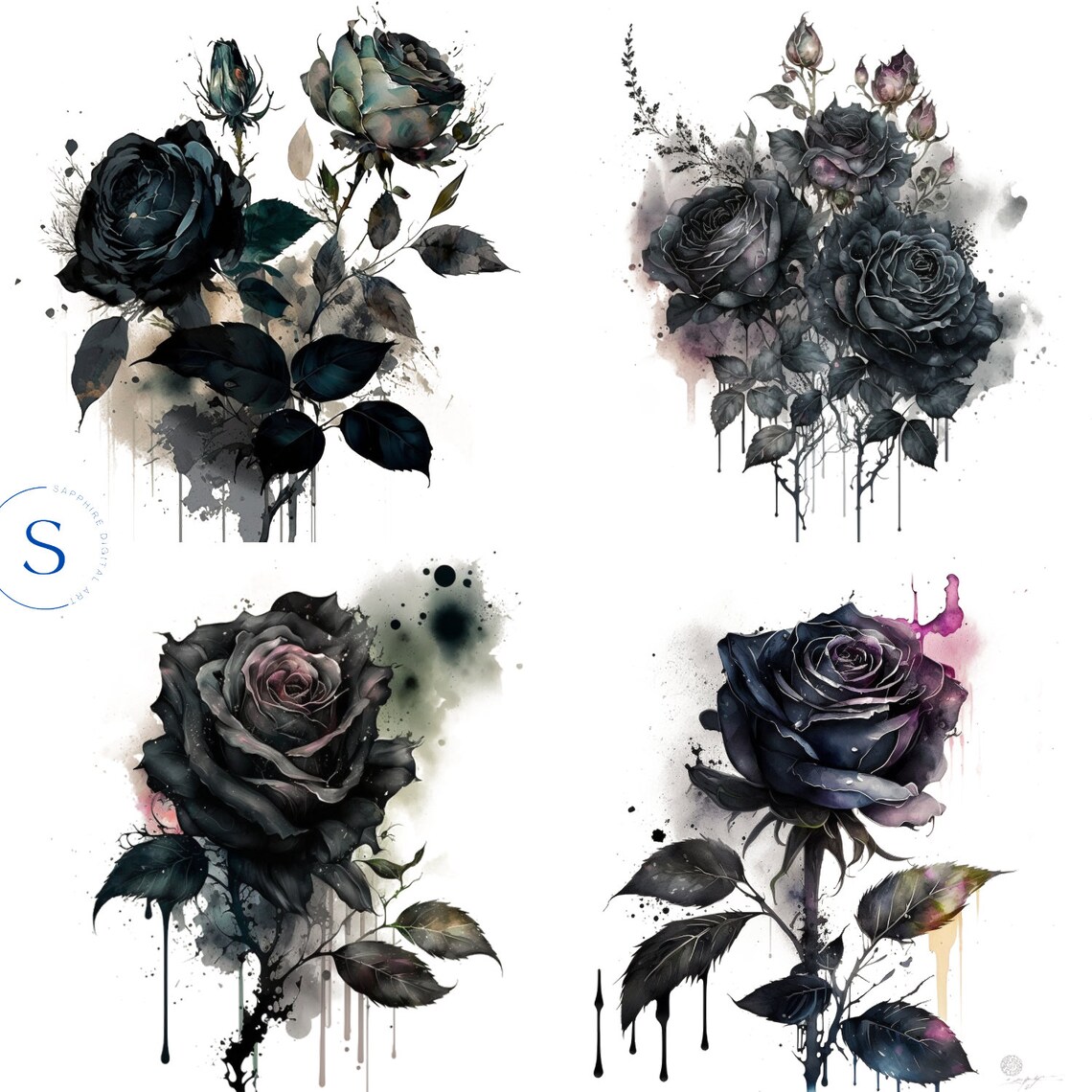 Black Watercolor Roses PNG Commercial Use Gothic Roses Digital Clipart ...