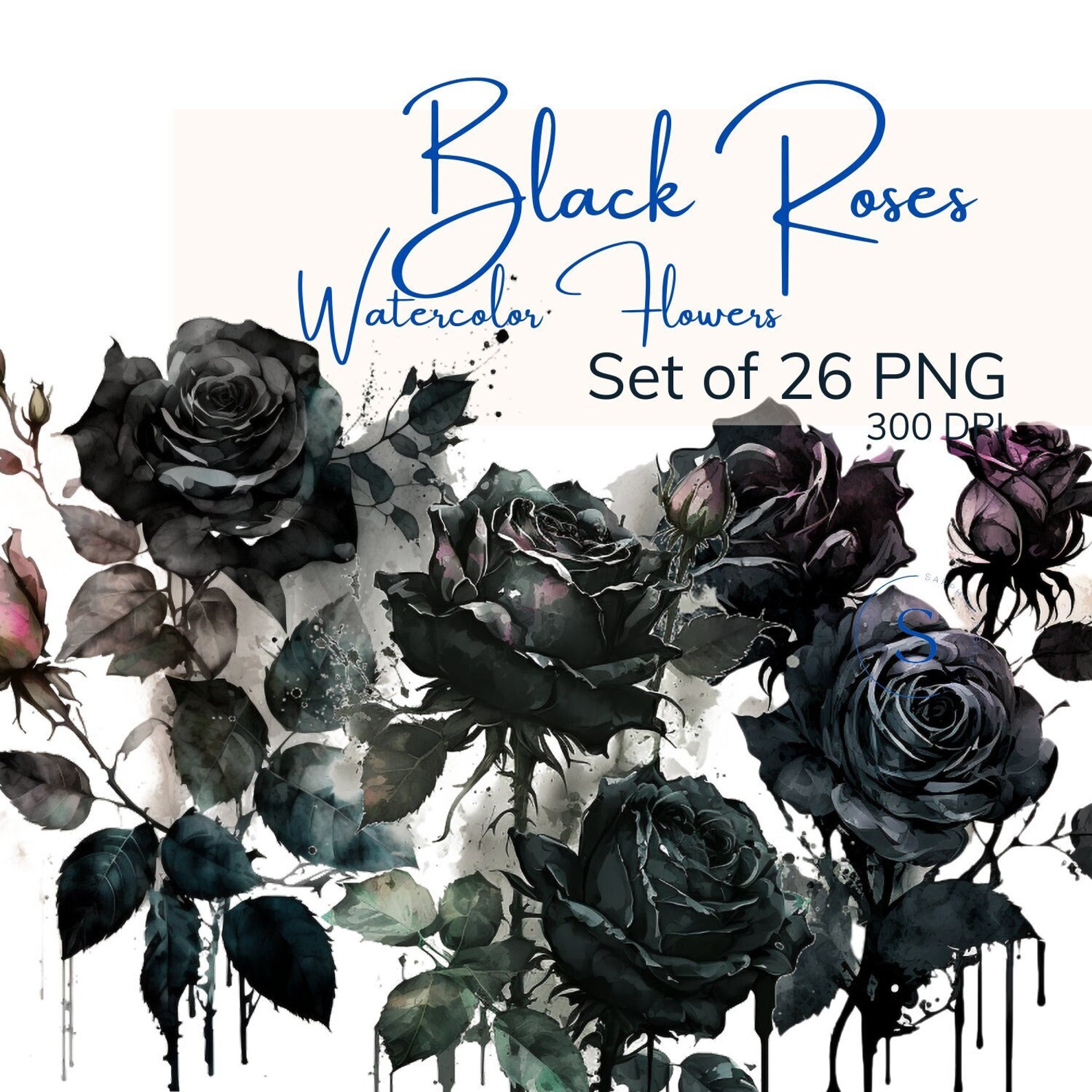 Black Watercolor Roses PNG Commercial Use Gothic Roses Digital Clipart ...