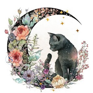 Mystical Floral Black Cat Moon Clipart Celestial Clipart Black Cat ...