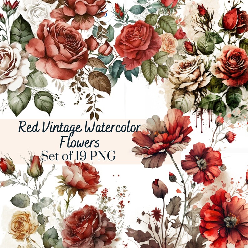 Watercolor Vintage Red Flowers Clipart Flower Png - Etsy