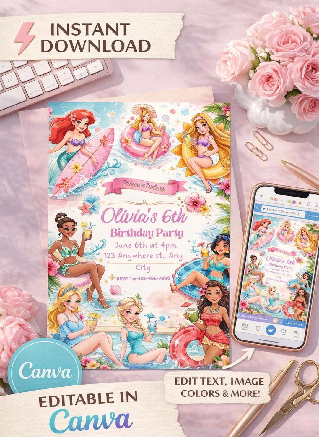 Princess Splash Birthday Invitation Editable, Princess Pool Party ...