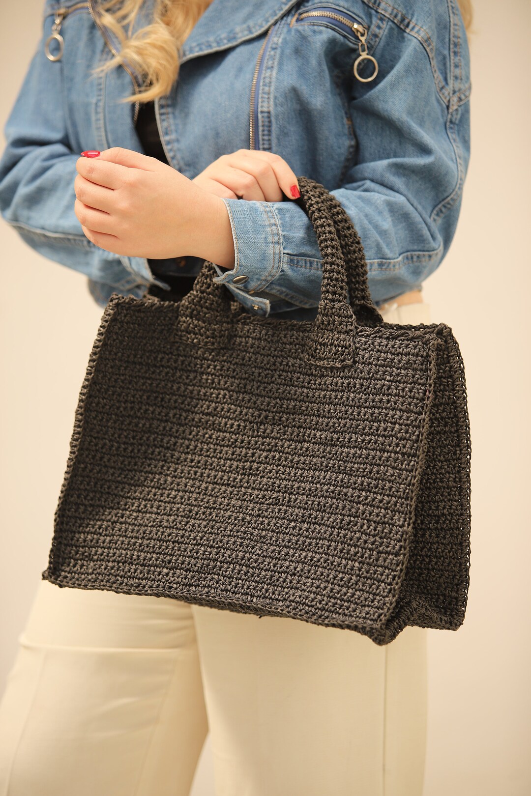 Black Raffia Tote Bag Crochet Raffia Bag Black Sac Tote Bag - Etsy