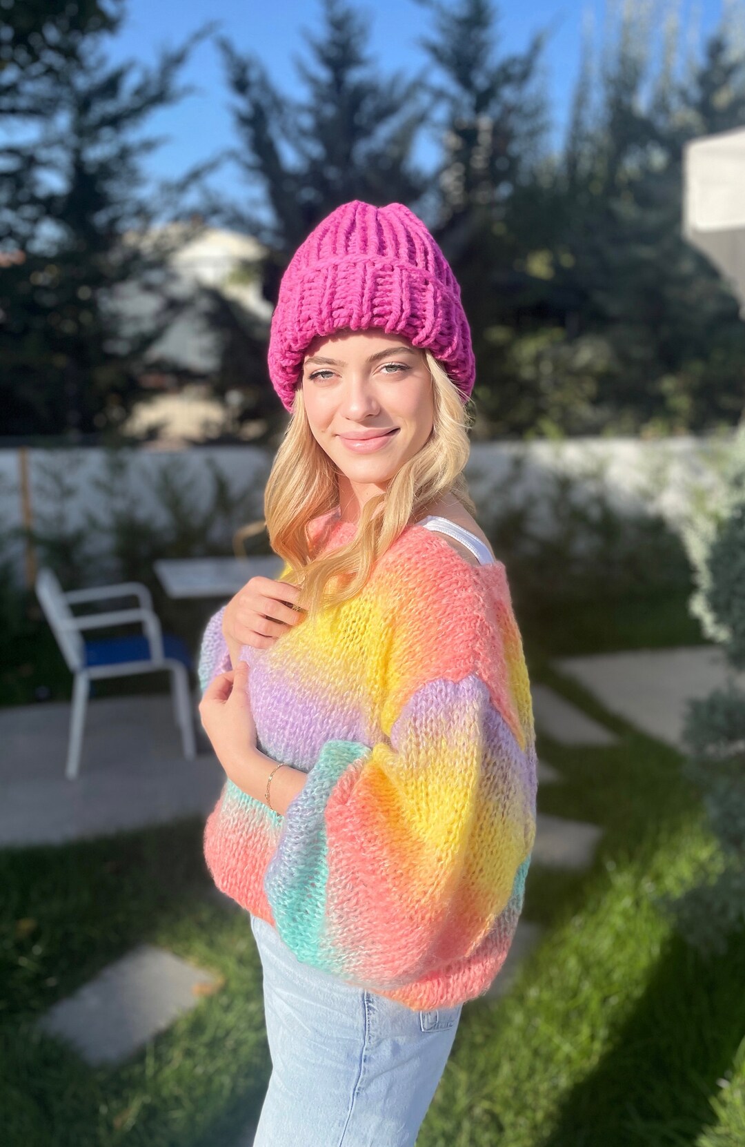 Colorful Sweater, Mohair Sweater, Pastel Rainbow Hand Knit Sweater ...