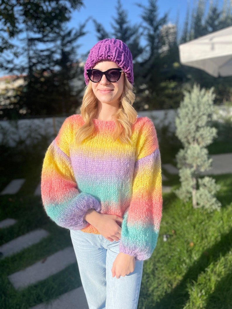 Colorful Sweater, Mohair Sweater, Pastel Rainbow Hand Knit Sweater ...