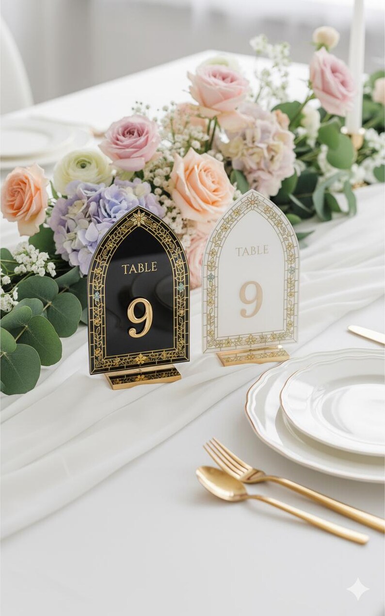3D Gold Wedding Table Numbers: White Acrylic Arch, Elegant Reception ...