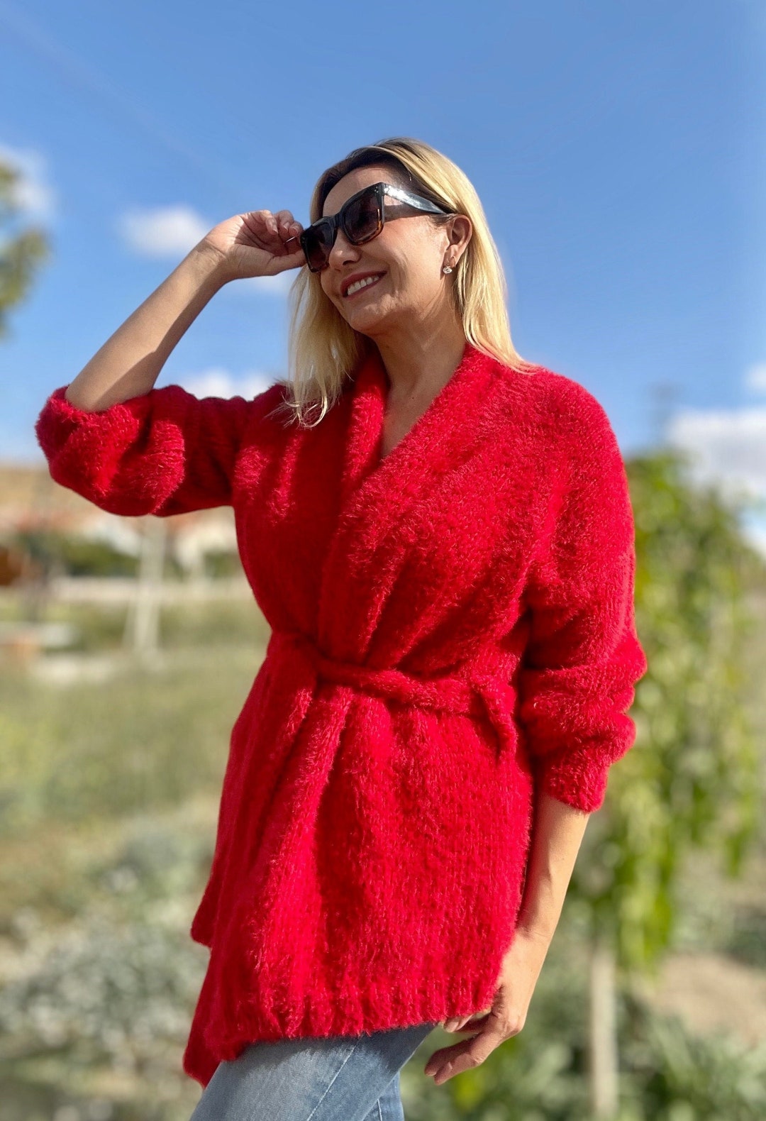 Red Cardigan, Mohair Coat, Burgundy Handknit Cardigan, Red Wool ...