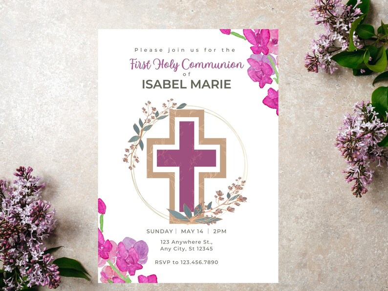 Girls First Holy Communion Invitation & Thank You Letter, Pink/purple ...