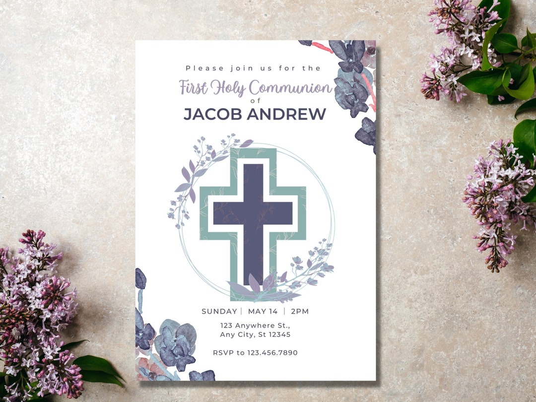 Boys First Holy Communion Invitation & Thank You Letter, Blue/purple ...
