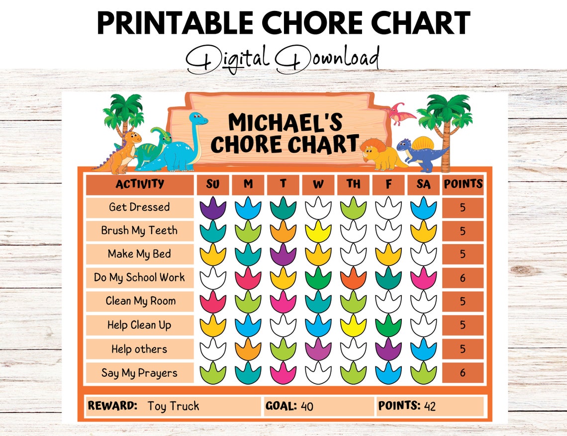 Dinosaur Themed Chore Chart, Reward Chart for Kids Who Love Dinosaurs ...