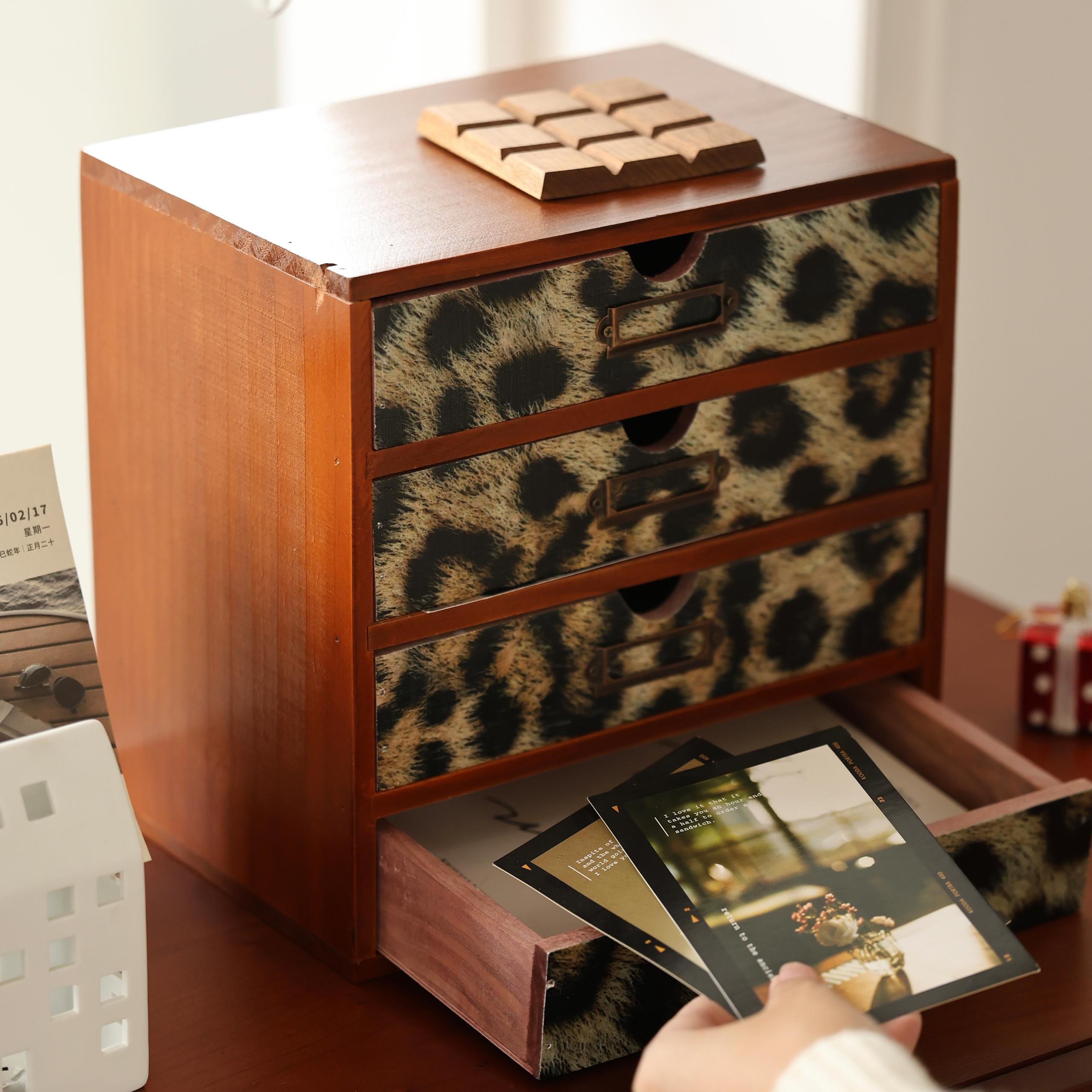 Furry Leopard Print Wooden Desk Organizer - 4 Drawer Desktop Storage ...