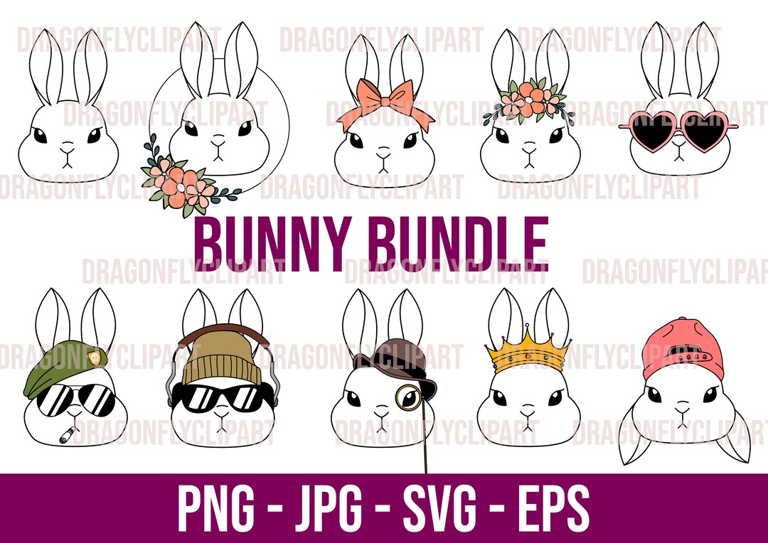 Bunny Face Svg Bundle, Cute Funny Bunny Svg, Eps, Png, Jpg, Hipster ...