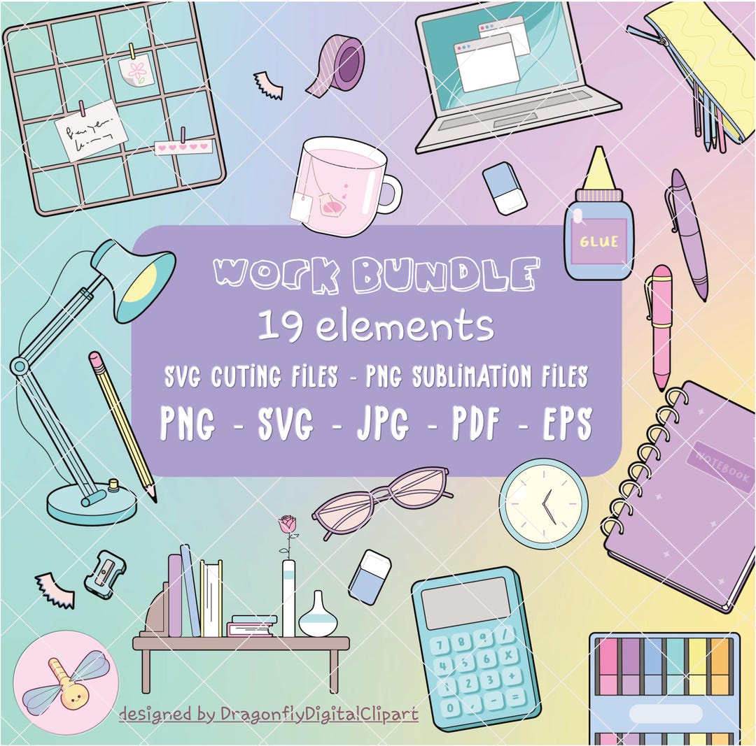 Work Svg Bundle, Work Png Bundle, Kawaii Work Clipart, Desk Pin Book ...
