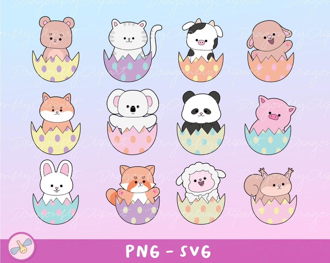 Kawaii Easter Eggs Bundle - Colorful Animals - Sublimation PNG & SVG ...