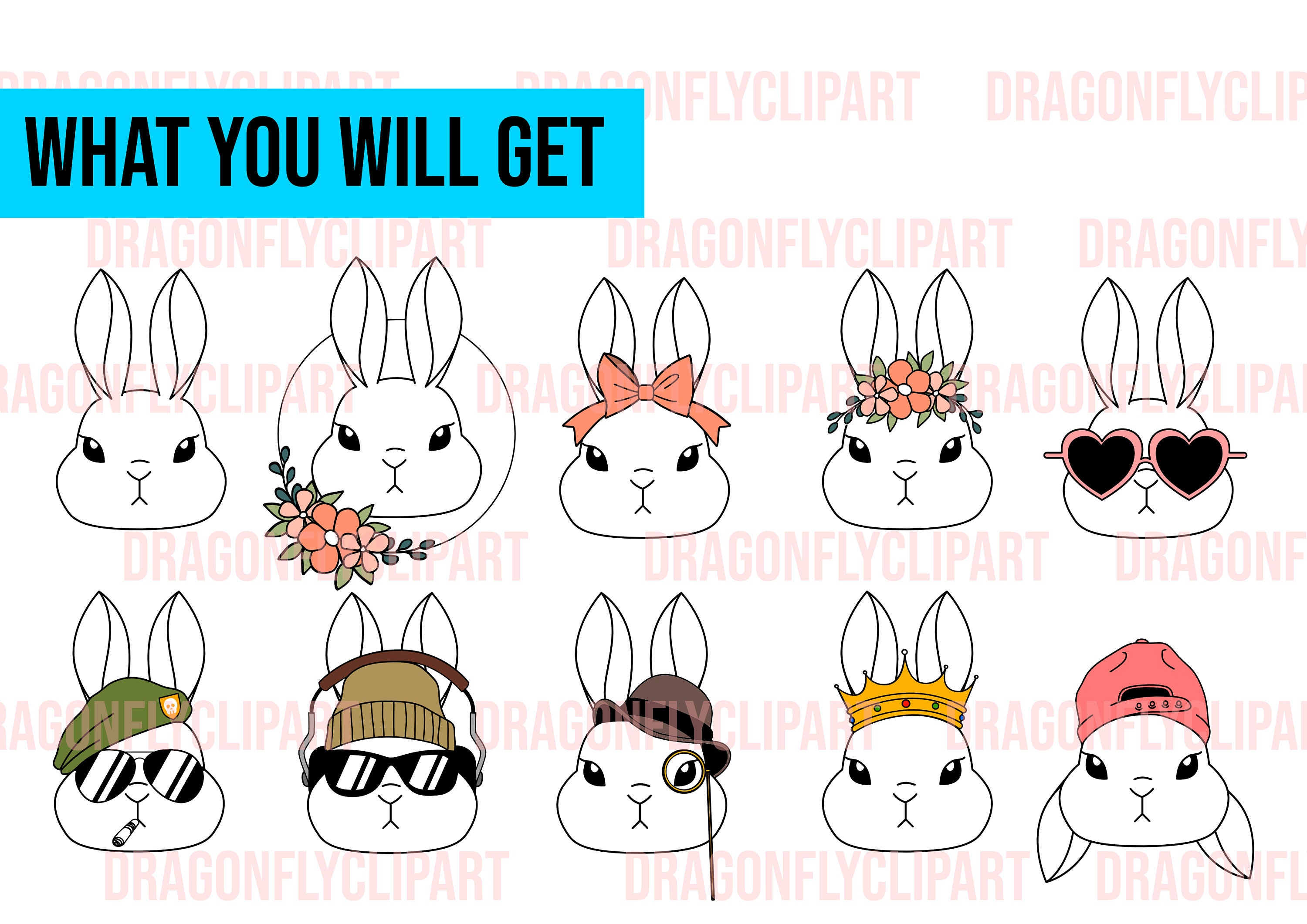 Bunny Face Svg Bundle, Cute Funny Bunny Svg, Eps, Png, Jpg, Hipster ...