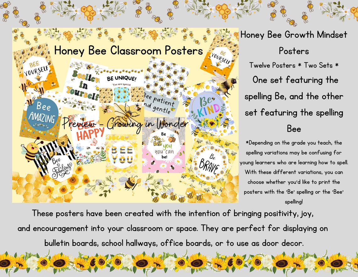 Honey Bee Classroom Bundle: Bulletin Board Kit, Bookmarks, Alphabet ...