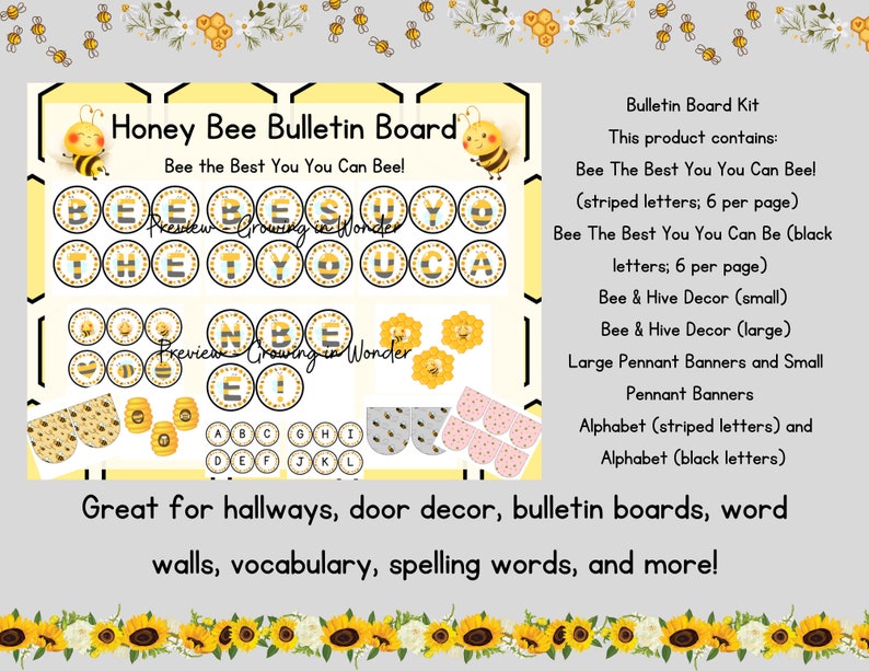 Honey Bee Classroom Bundle: Bulletin Board Kit, Bookmarks, Alphabet ...