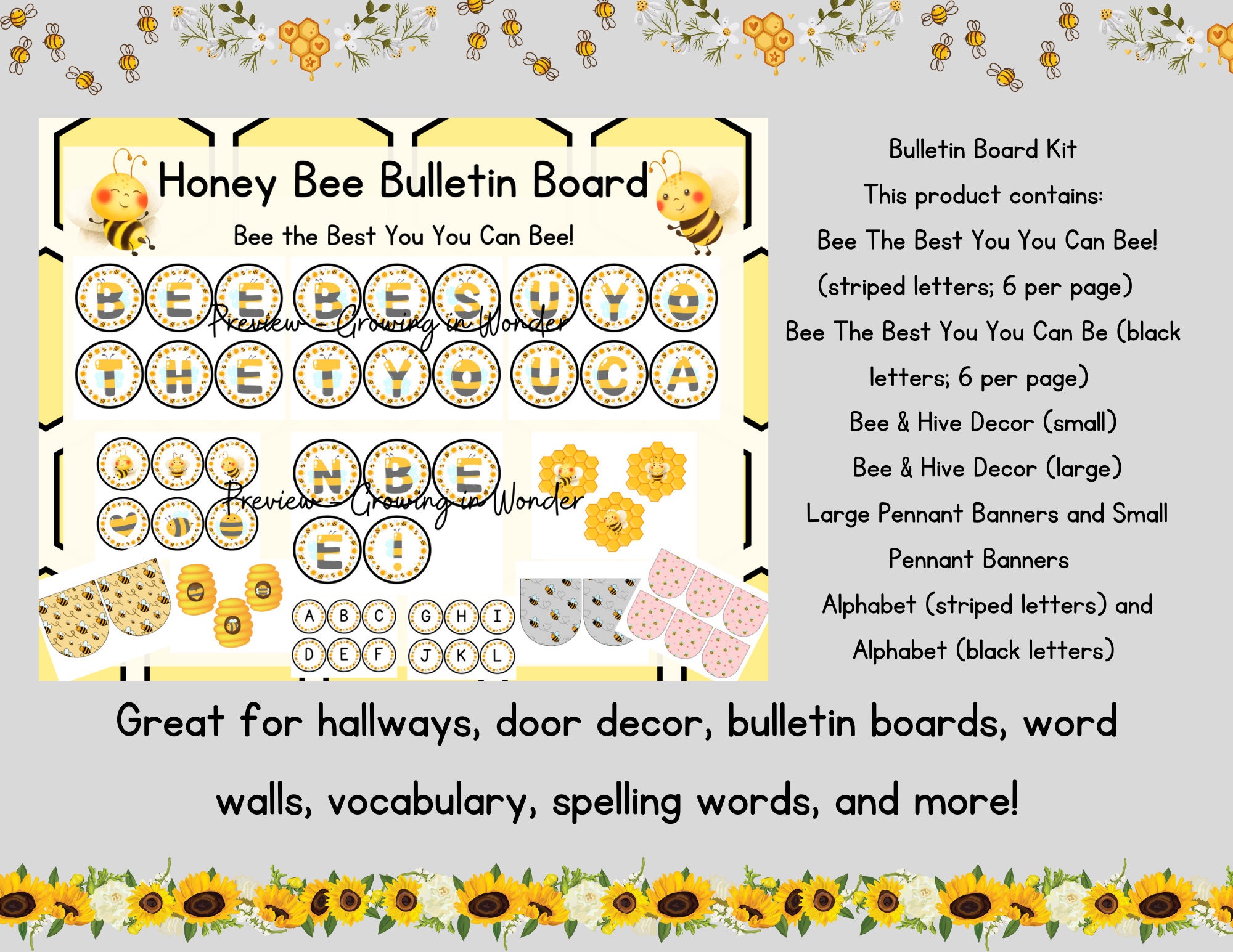 Honey Bee Classroom Bundle: Bulletin Board Kit, Bookmarks, Alphabet ...