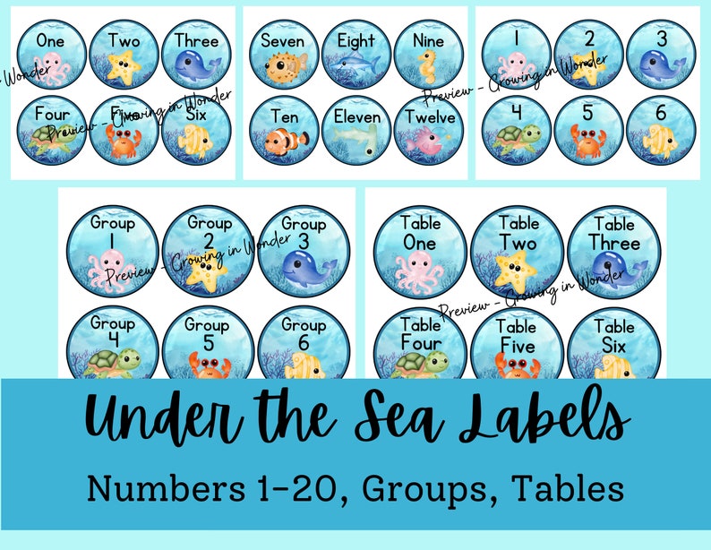 Under the Sea, Ocean Theme Numbers, Groups, and Table Labels 1-20 - Etsy