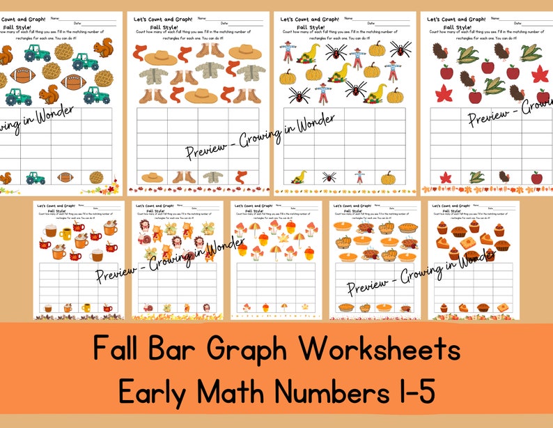 Fall Math Worksheets, Bar Graph Numbers 1-5 - Etsy