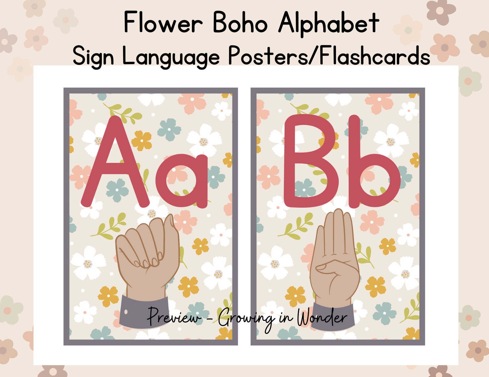Boho Flower Alphabet ASL Printable Flashcards - Etsy