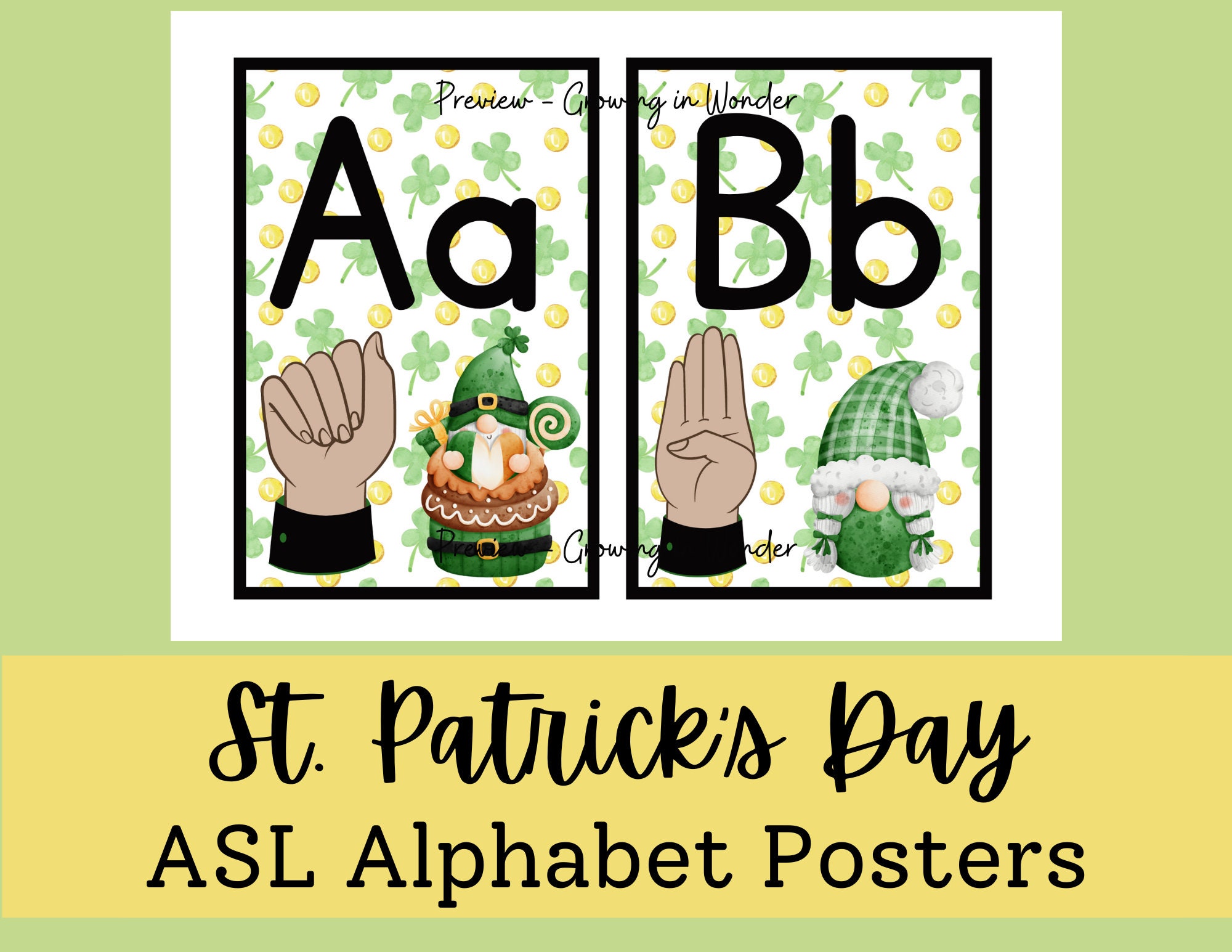 St. Patrick's Day ASL Alphabet Classroom Posters, Gnome Sign Language ...