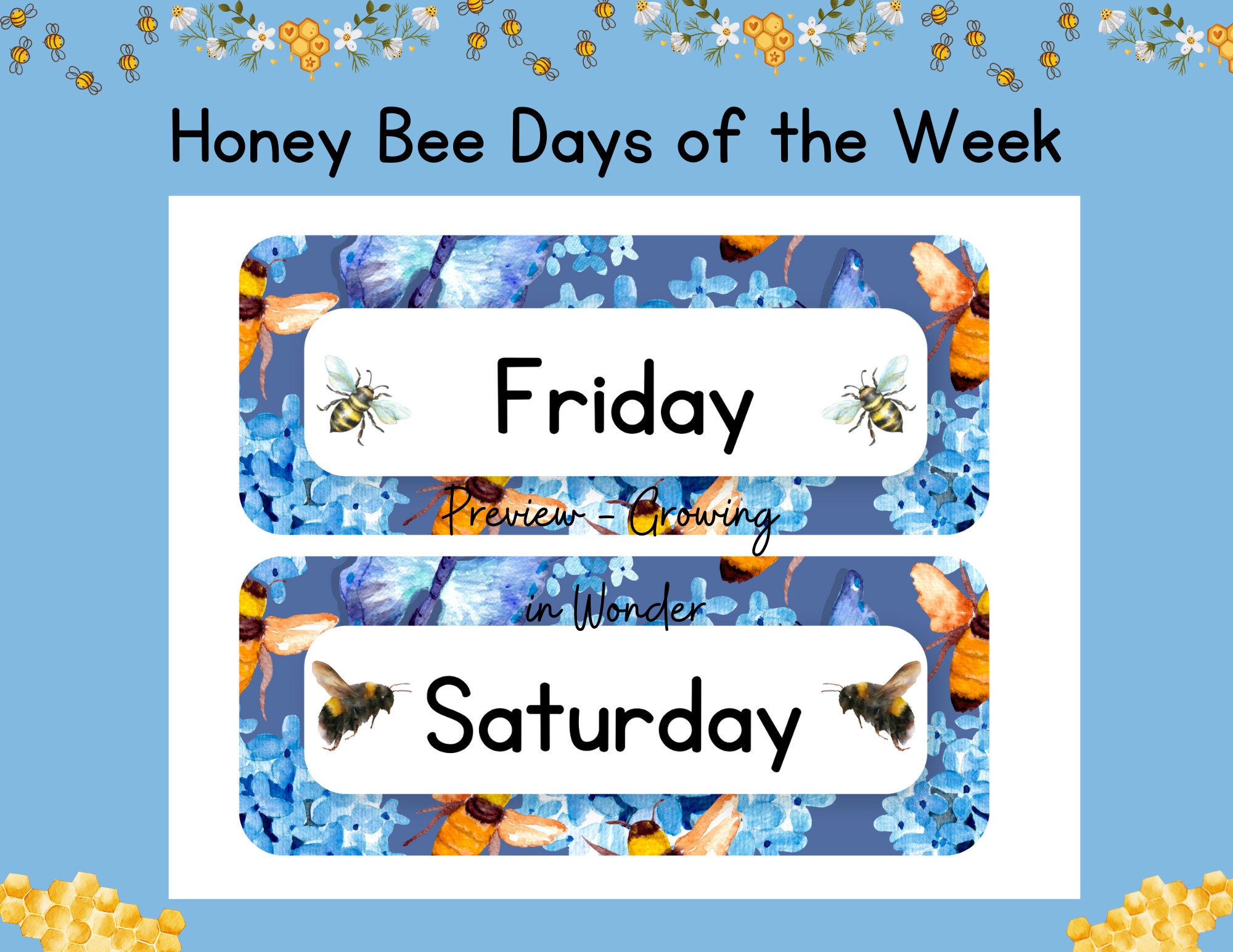 Honey Bee Days of the Week blue Background, Watercolor Honeybees - Etsy