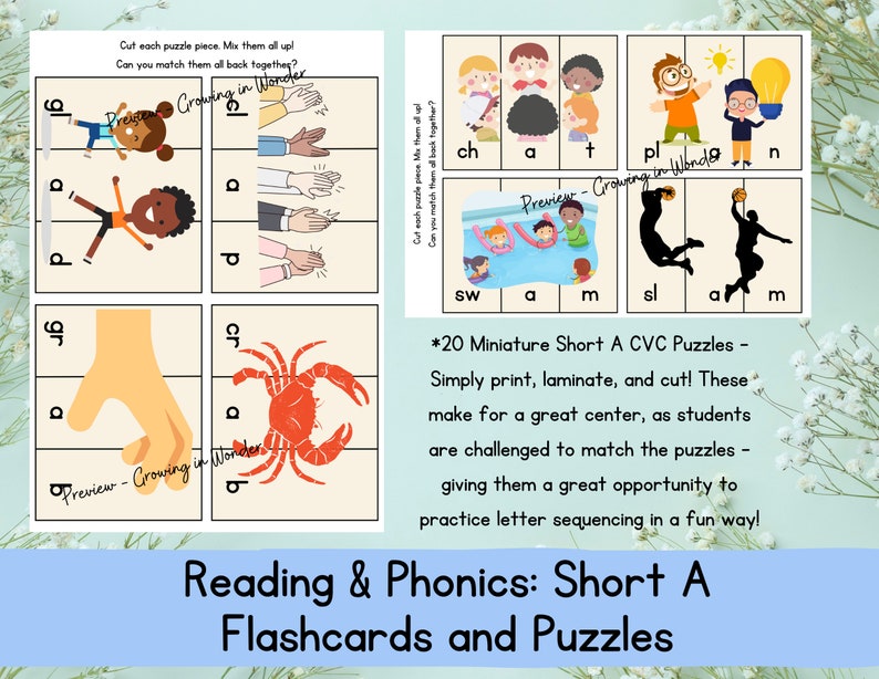Phonics and Reading, Short A Cvc, Ccvc Flashcards and Puzzles - Etsy