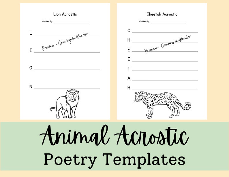 Animal Acrostic Poetry Templates, Classroom Poetry Worksheets - Etsy