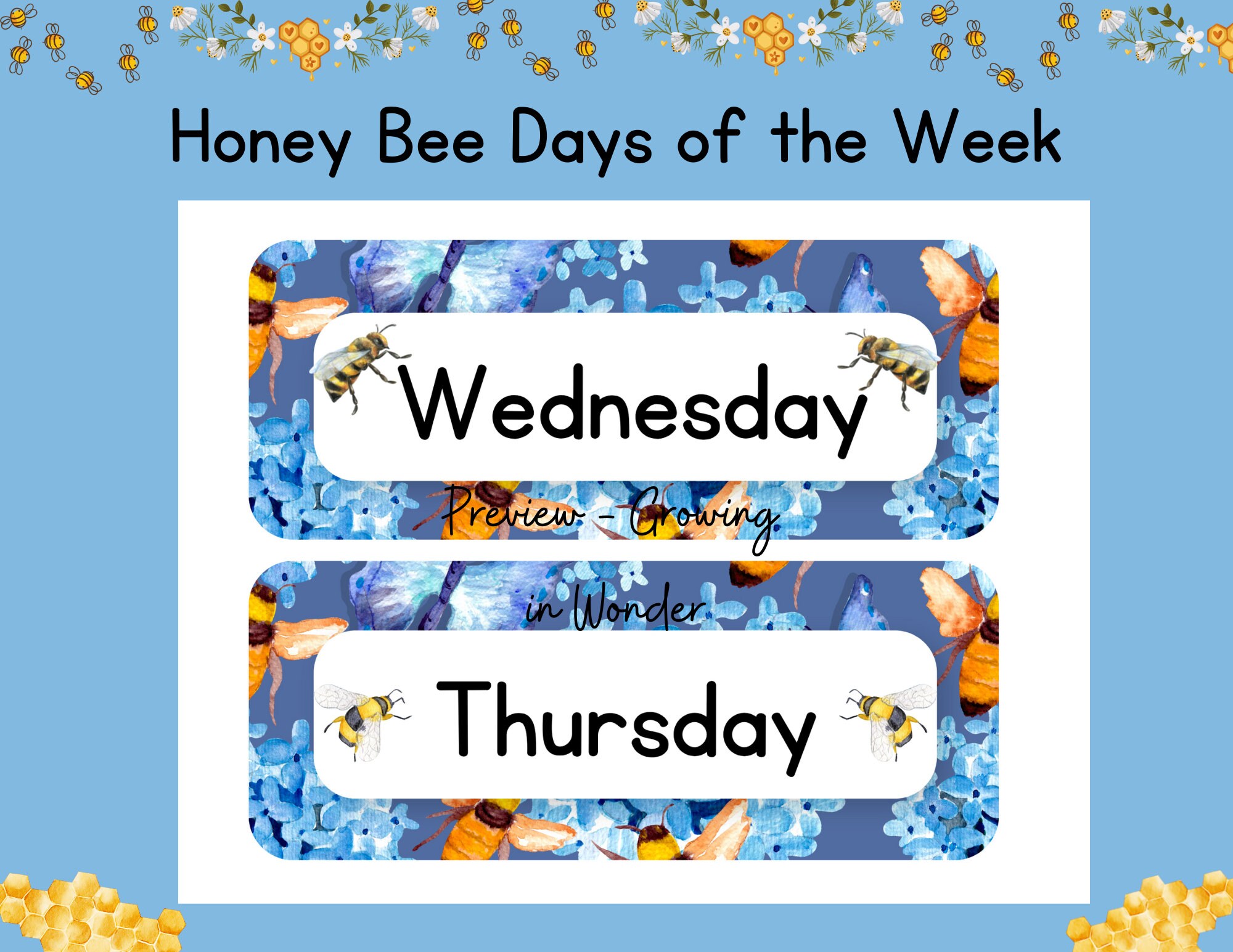Honey Bee Days of the Week (blue Background, Watercolor Honeybees) - Etsy