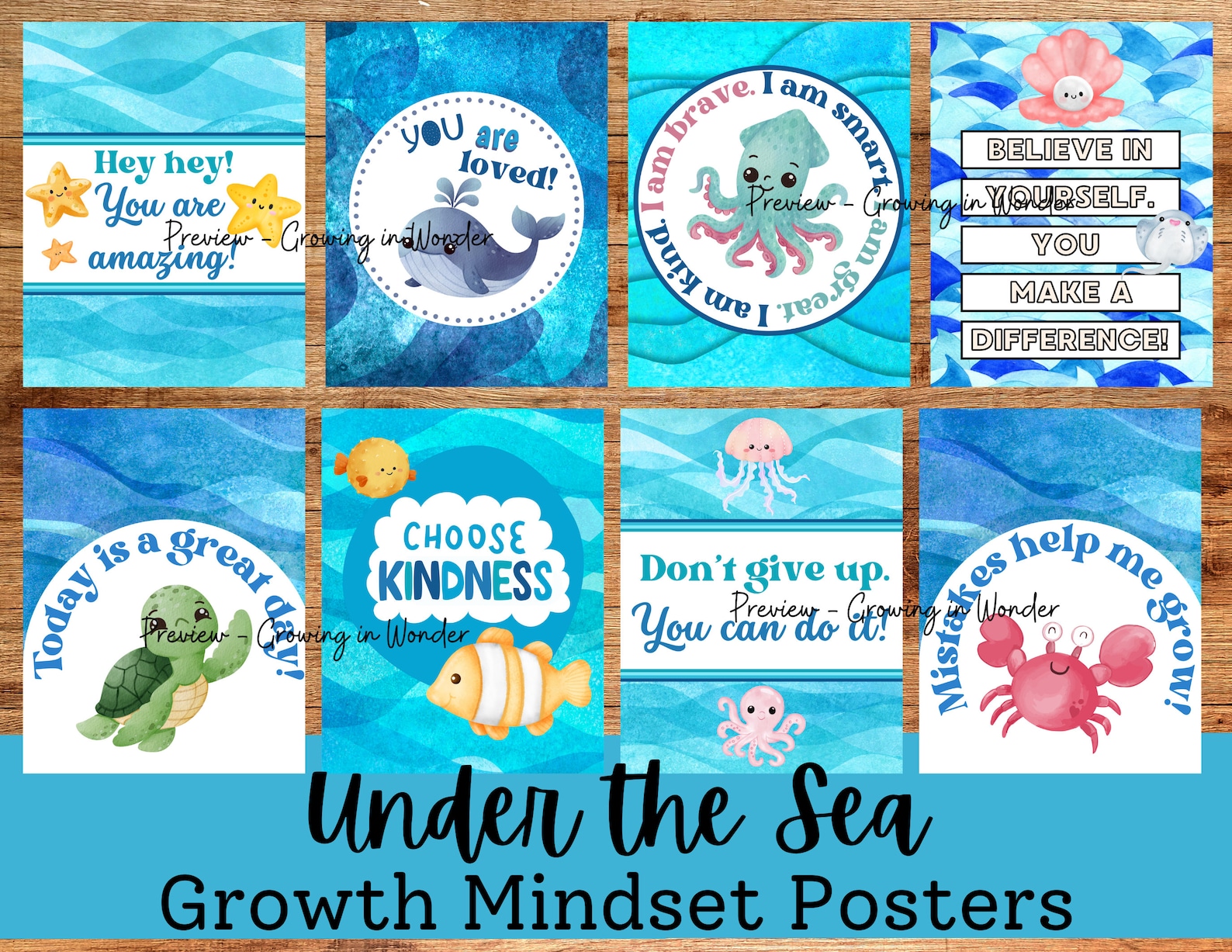 Under the Sea Growth Mindset Printable Posters, Ocean Theme Classroom ...