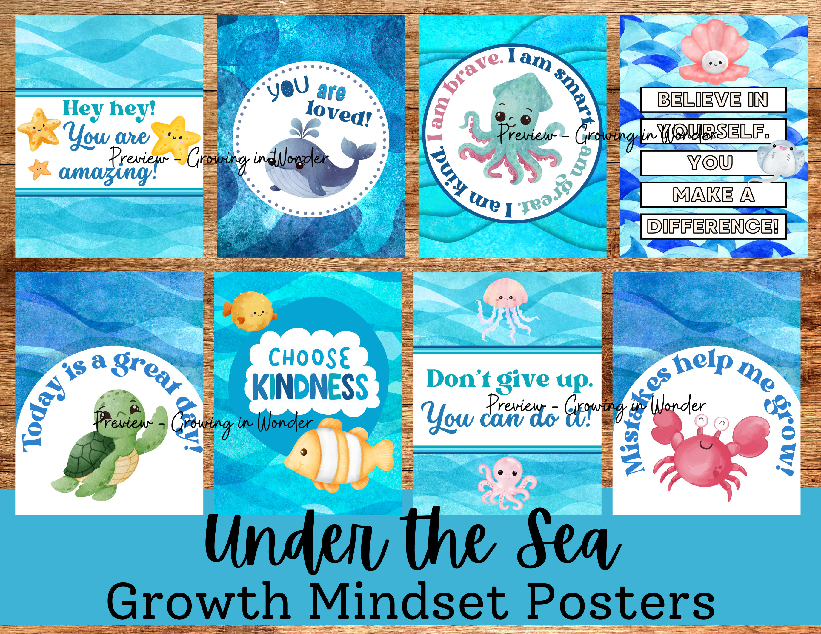 Under the Sea Growth Mindset Printable Posters, Ocean Theme Classroom ...