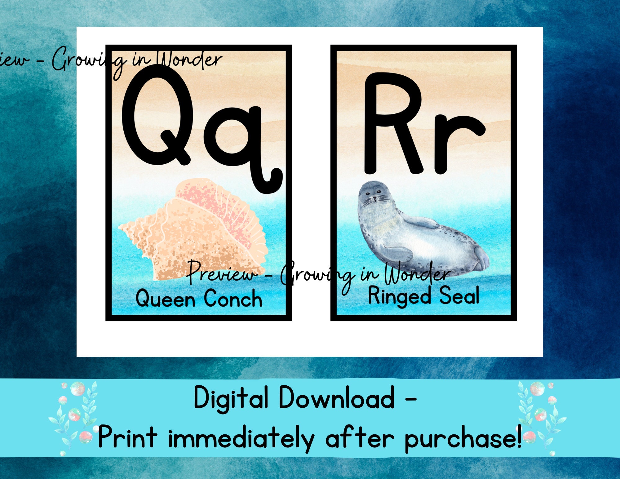 Ocean Animal Alphabet Posters, Watercolor Theme, Under the Sea Decor - Etsy