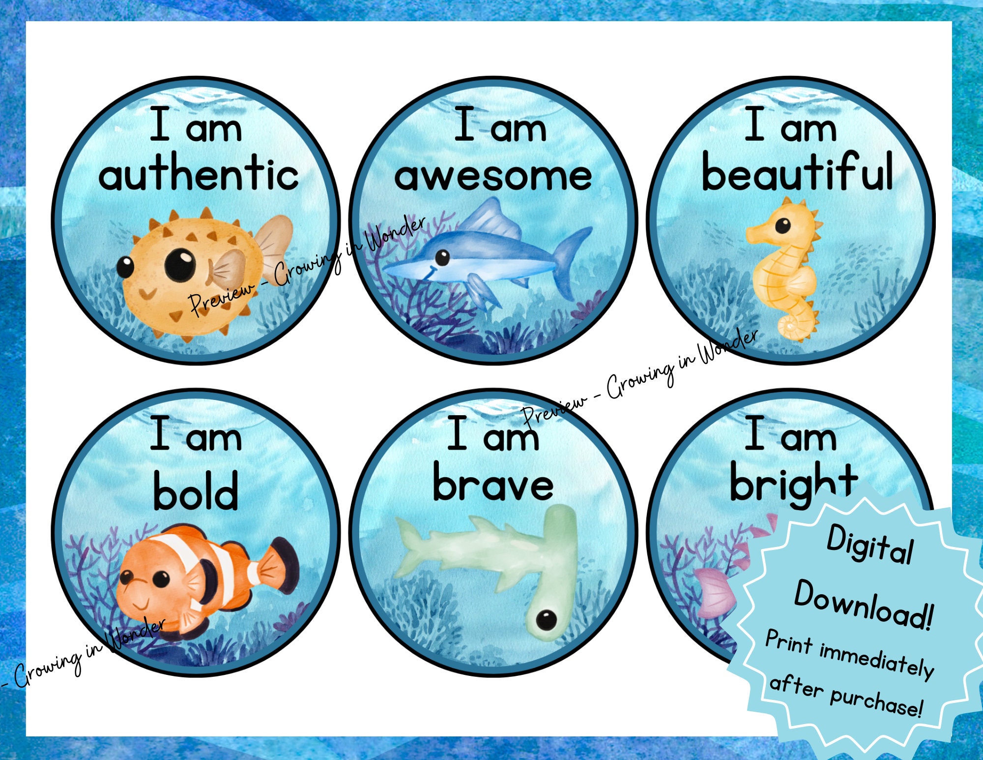 Affirmation Station, Ocean Animal Theme, Classroom Bulletin Board Decor ...