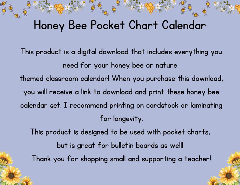 Bee Pocket Chart Calendar, Classroom Bulletin Board Calendar - Etsy