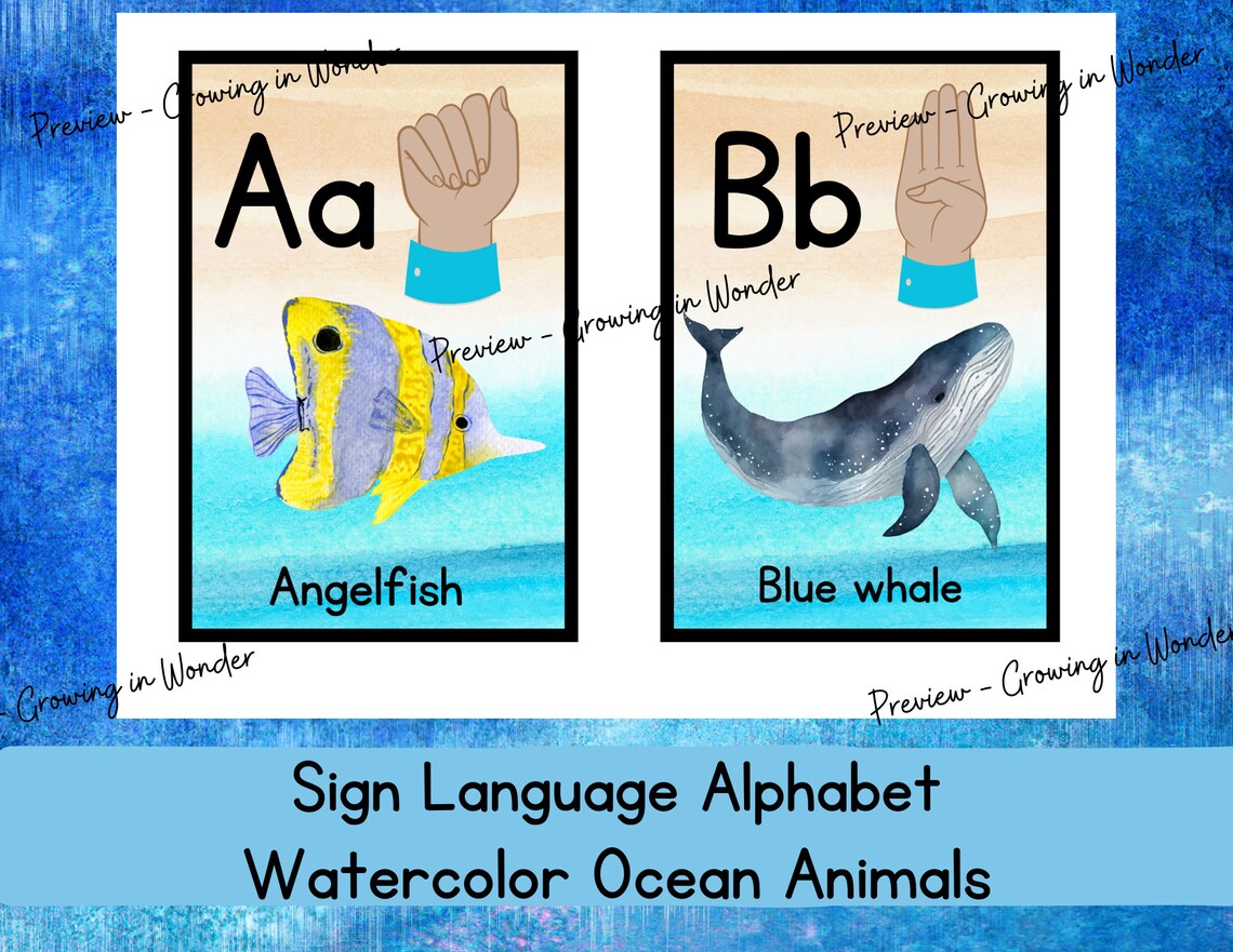 Sign Language Alphabet Watercolor Ocean Animal Flashcards, Posters - Etsy