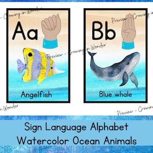 Sign Language Alphabet Watercolor Ocean Animal Flashcards, Posters - Etsy