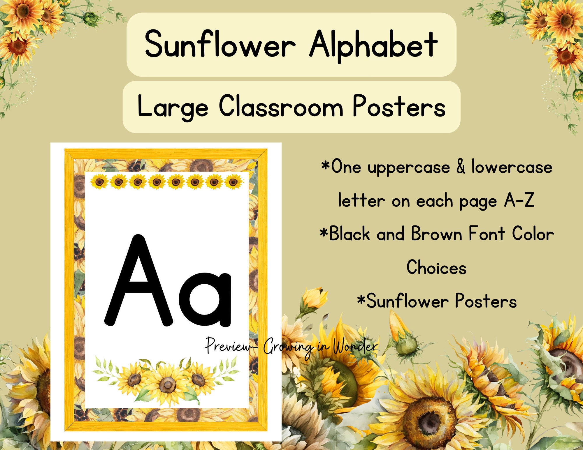 Large Sunflower Alphabet Posters, Back to School Decor - Etsy