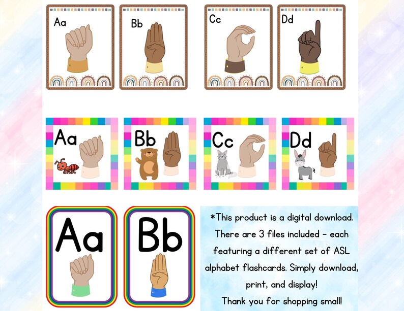 American Sign Language Alphabet Flashcards - Boho, Rainbow, and Animal ...