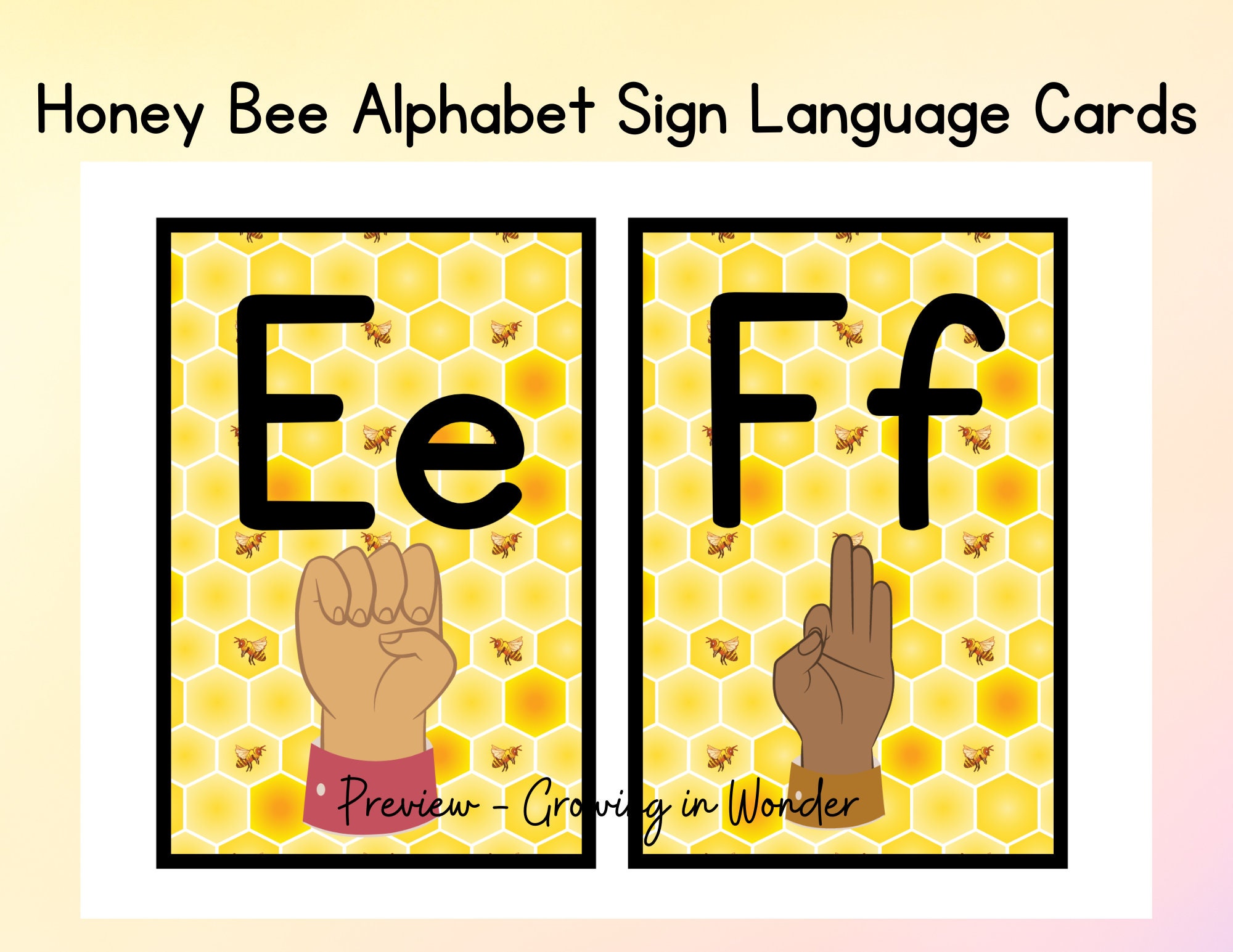 Honey Bee Printable Alphabet Cards, Sign Language Alphabet Flashcards ...