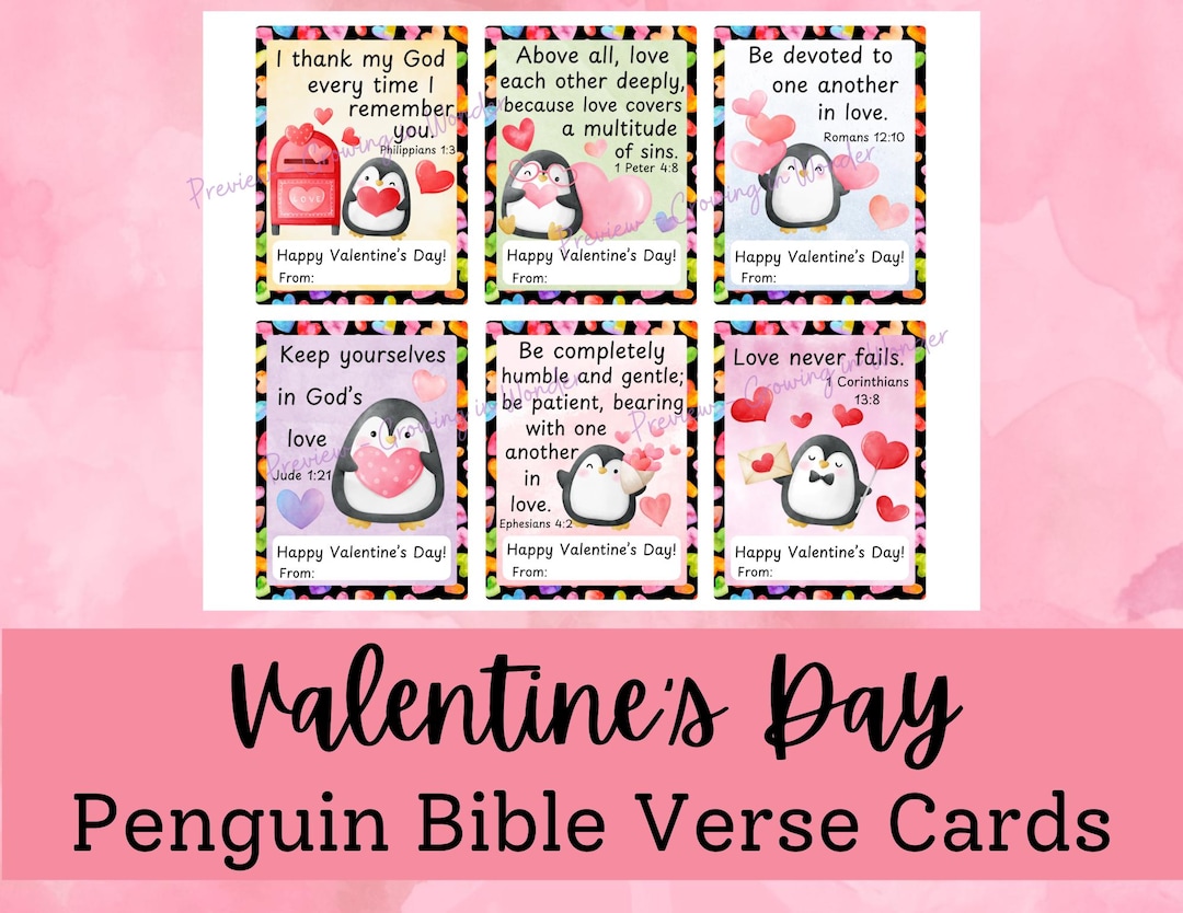 Valentine's Day Printable Cards, Bible Verses, Penguin Theme - Etsy